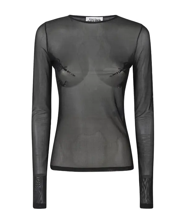 JEAN PAUL GAULTIER Embroidered Mesh Crewneck Long Sleeve Top - Black