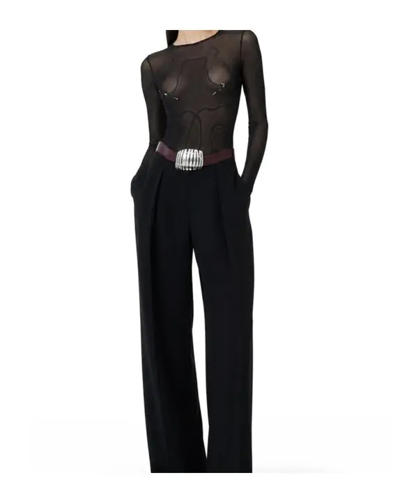 JEAN PAUL GAULTIER Embroidered Mesh Crewneck Long Sleeve Top - Black
