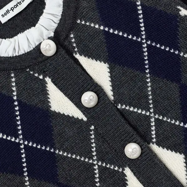 SELF-PORTRAIT Argyle Knit Buttoned Dress With Faux Pearl Embellishments