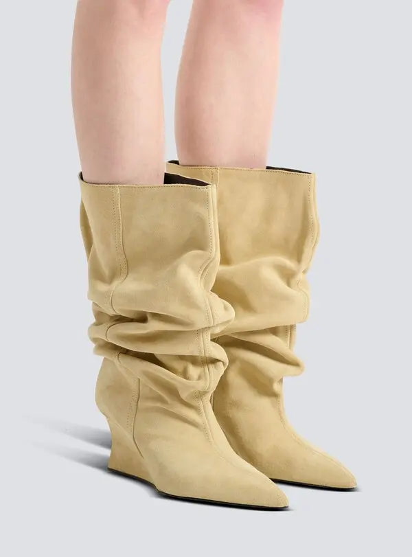 Balmain Draped Suede Wedge Ankle Boots