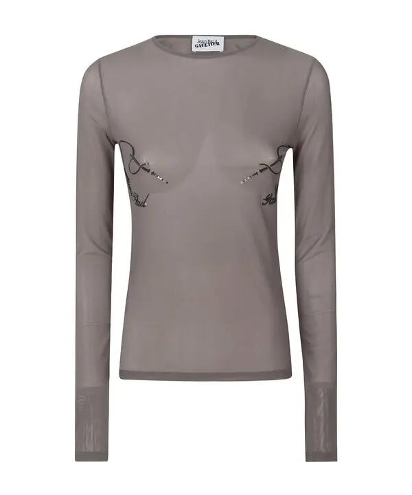 JEAN PAUL GAULTIER Mesh Crewneck Long Sleeve Top With Sequined Embroidery - No