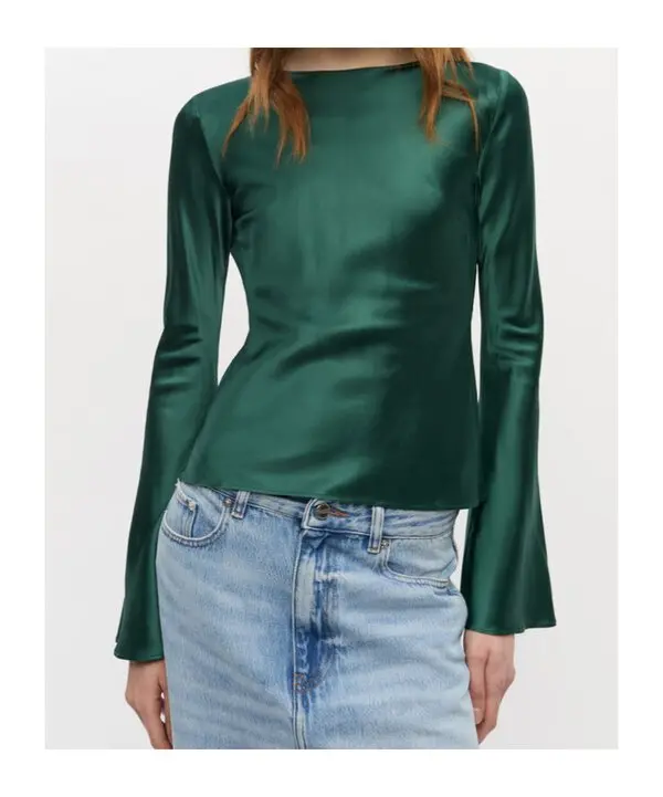 GANNI Open Back Satin Long Sleeve Top - Green