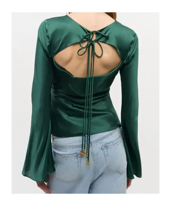 GANNI Open Back Satin Long Sleeve Top - Green