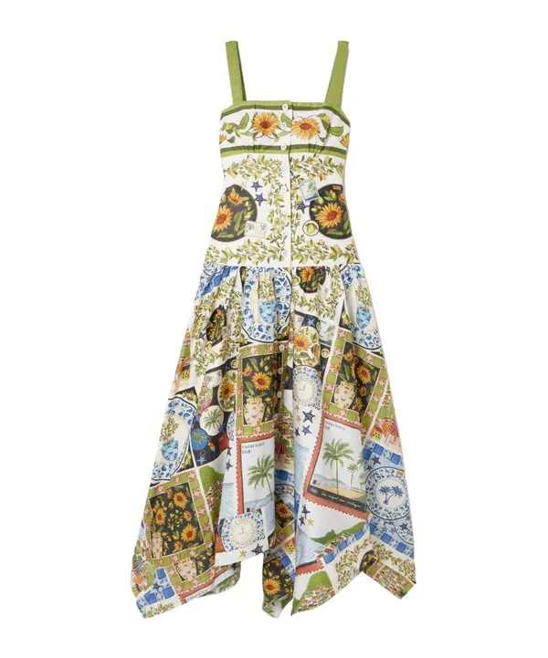 Farm Rio Square Neck Suspender Dress With Front Button Closure - Lightblue