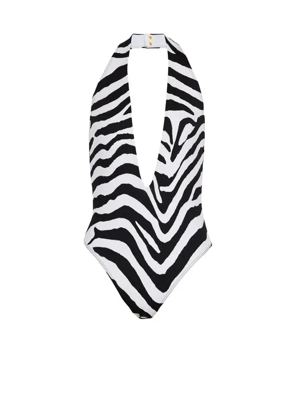 Balmain Zebra Print Plunge One-piece Swimsuit - Black