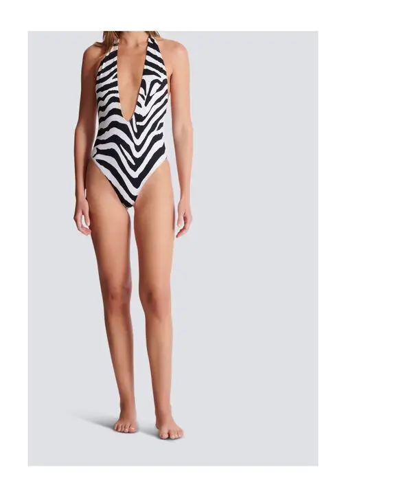 Balmain Zebra Print Plunge One-piece Swimsuit - Black