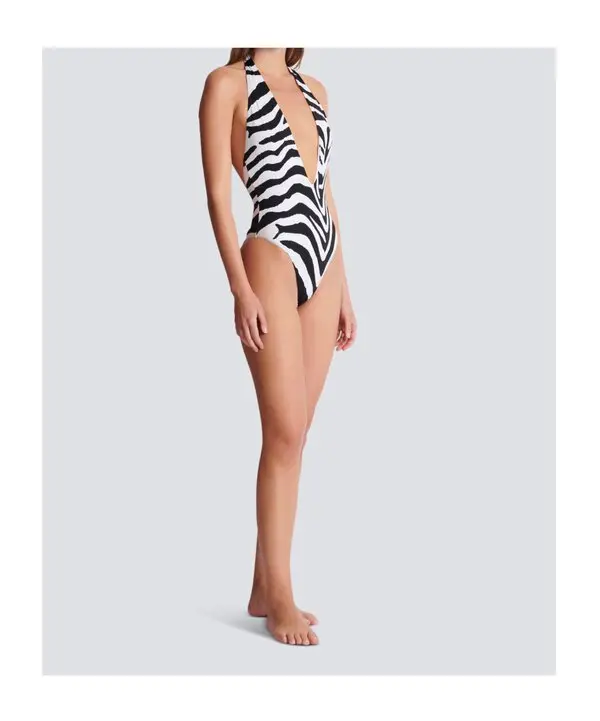 Balmain Zebra Print Plunge One-piece Swimsuit - Black