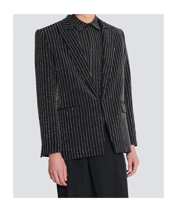 Balmain Single-breasted Wool Jacket With Crystal Stripes