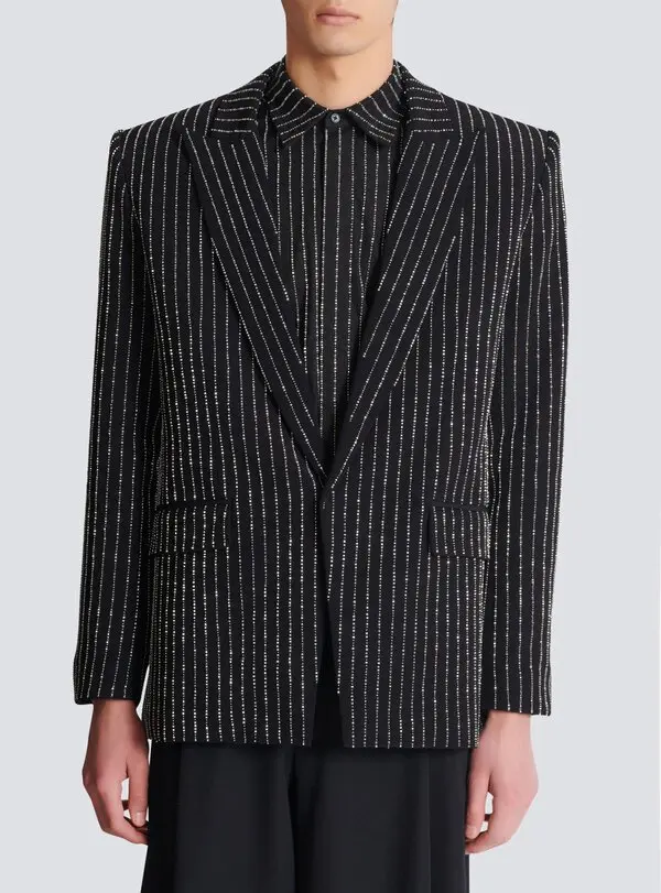 Balmain Single-breasted Wool Jacket With Crystal Stripes