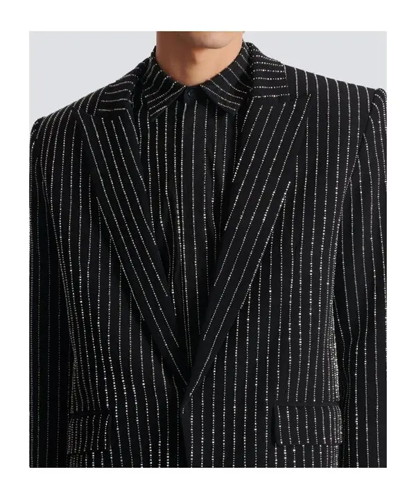 Balmain Single-breasted Wool Jacket With Crystal Stripes