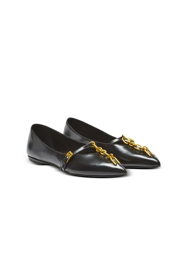 Balmain Shiny Lambskin Ballet Flats With Chain Detail - Black
