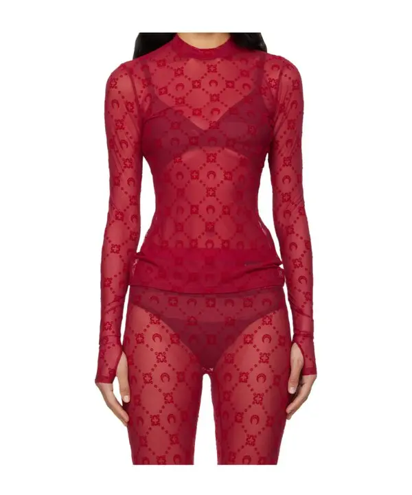 MARINE SERRE Long-sleeve Sheer Mesh Printed Top - Red