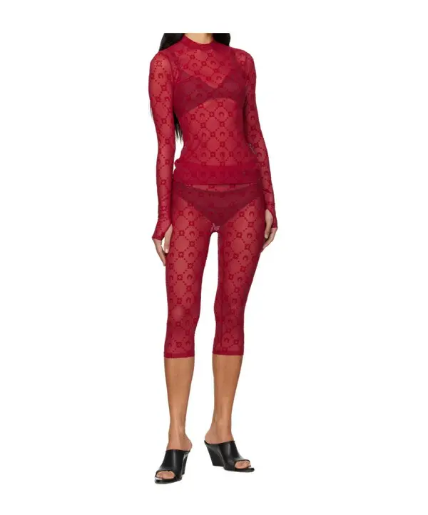 MARINE SERRE Long-sleeve Sheer Mesh Printed Top - Red