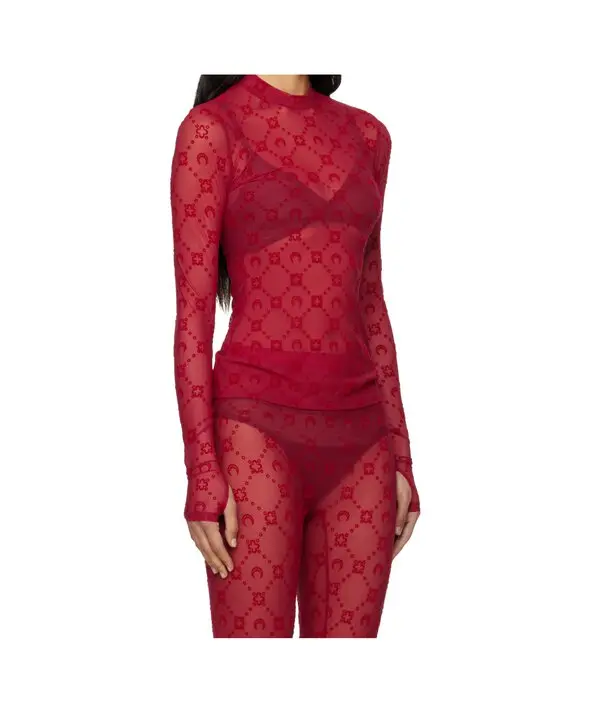 MARINE SERRE Long-sleeve Sheer Mesh Printed Top - Red