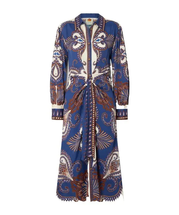 Farm Rio All-over Printed Tied-waist Long-sleeved Dress - Blue