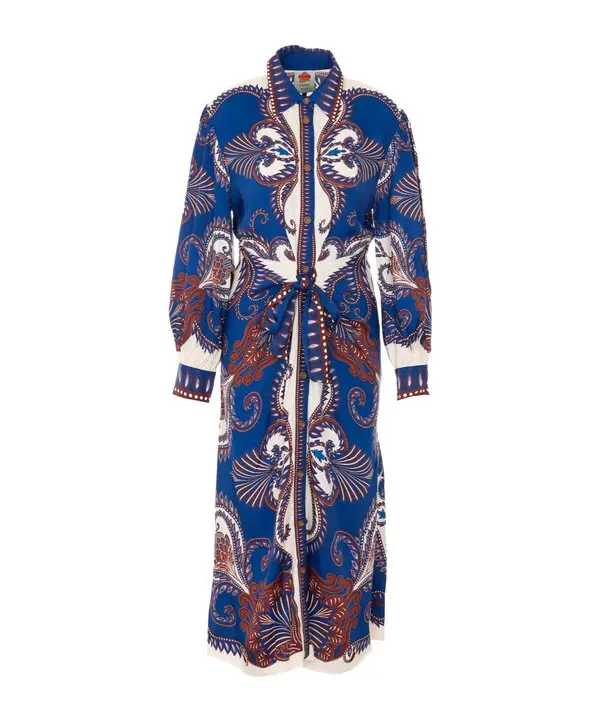 Farm Rio All-over Printed Tied-waist Long-sleeved Dress - Blue