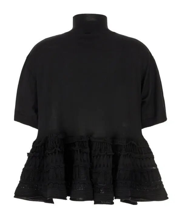 Alaïa High Neck Short Sleeve Lace Trim Top - Black