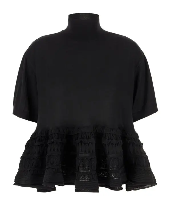 Alaïa High Neck Short Sleeve Lace Trim Top