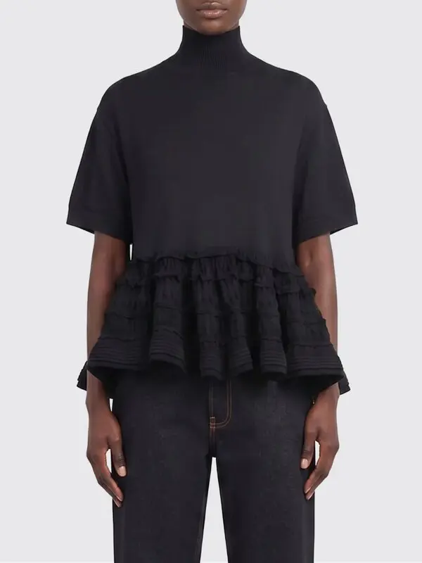 Alaïa High Neck Short Sleeve Lace Trim Top - Black