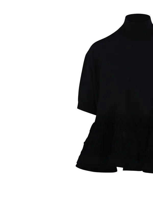 Alaïa High Neck Short Sleeve Lace Trim Top - Black