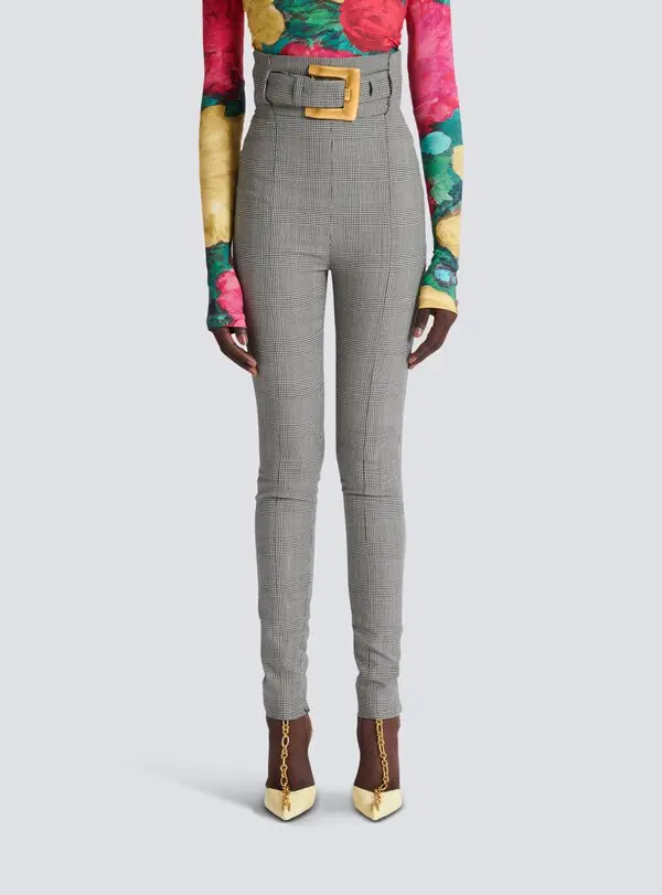 Balmain Checked Belted High-waist Pants