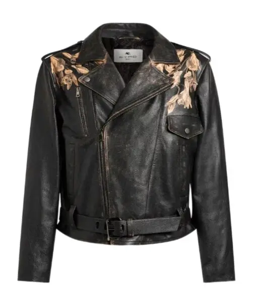 Etro Leather Biker Jacket With Placed Leopard Print - Black