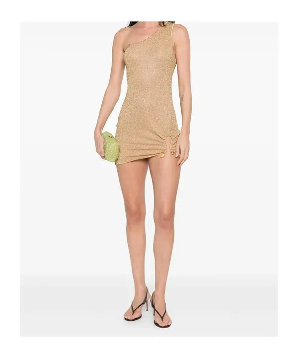 Oseree One Shoulder Metallic Mini Dress - Nude
