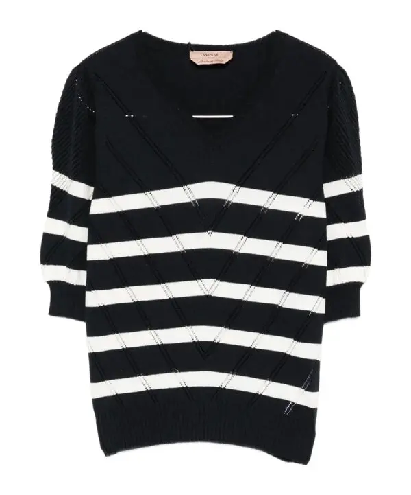 TWINSET Striped V-neck Top - Black