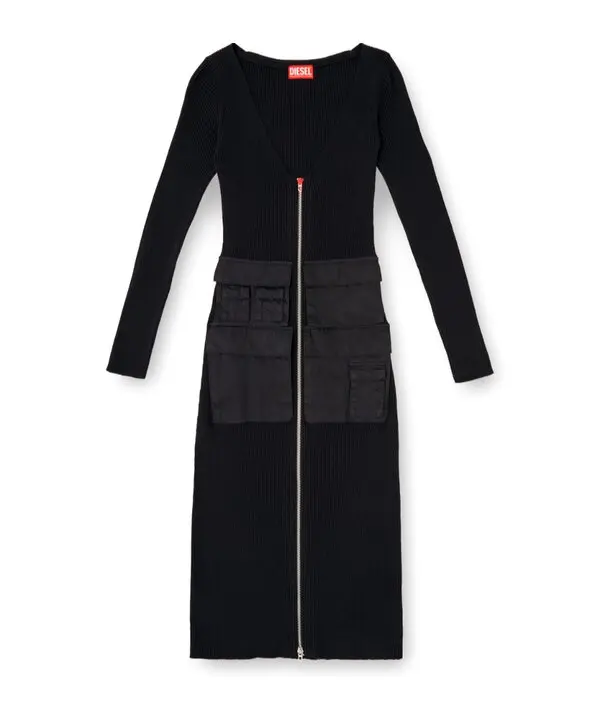DIESEL® Ribbed Zip-front Pocketed Midi Dress - Black