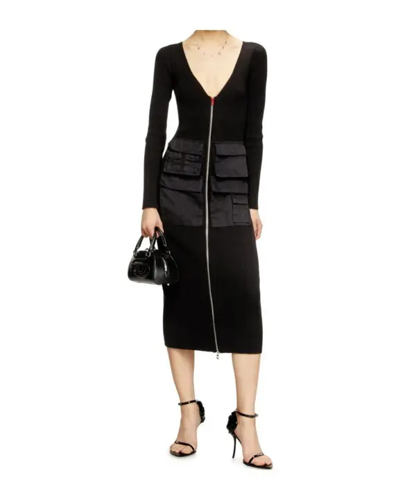 DIESEL® Ribbed Zip-front Pocketed Midi Dress - Black