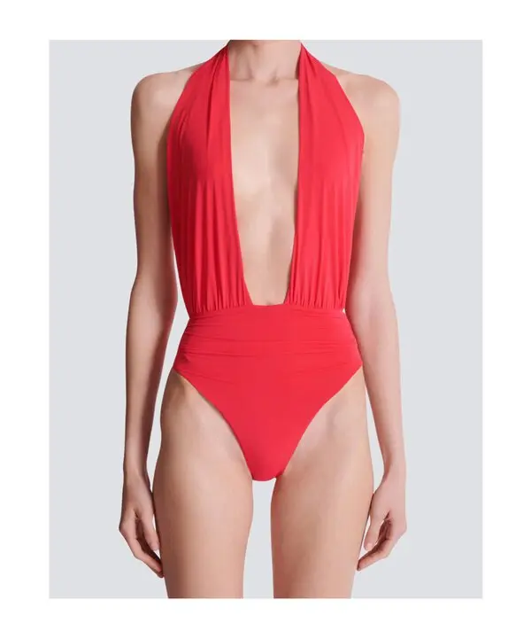 Balmain Plunge Halterneck One Piece Swimsuit - Red