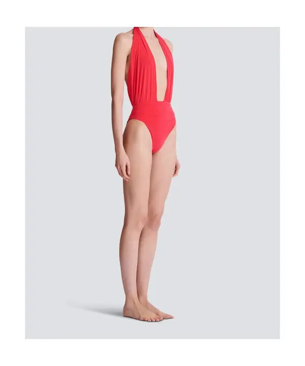 Balmain Plunge Halterneck One Piece Swimsuit - Red