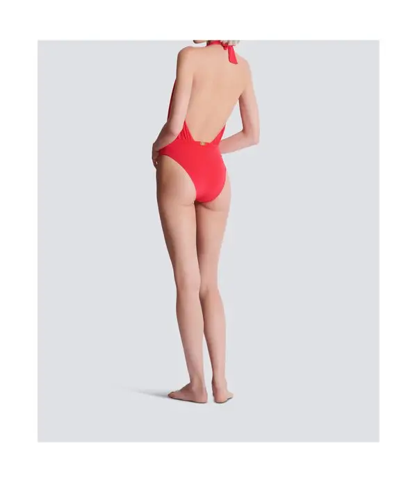 Balmain Plunge Halterneck One Piece Swimsuit - Red