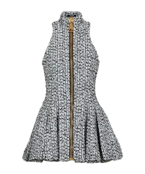 Balmain Sleeveless Flared Tweed Dress - Gray