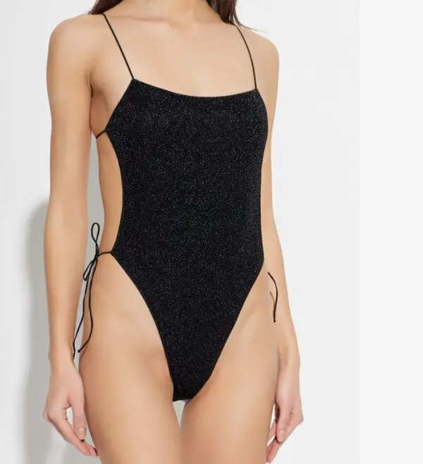 Oseree Metallic Tie Closure One Piece Swimsuit - Black