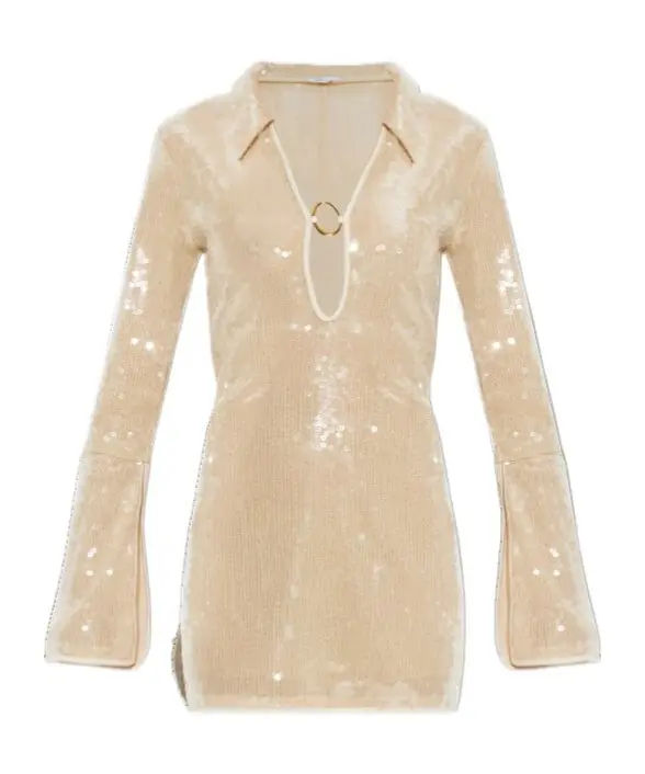 Oseree Sequined Mini Dress With Long Sleeves And Turn-down Collar - Nude