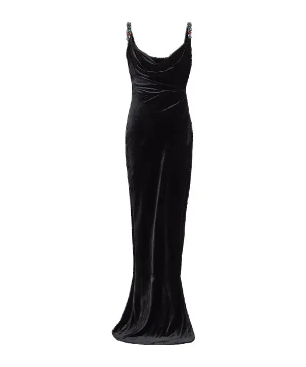 Balmain Long Velvet Gown With Embellished Straps