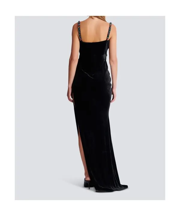 Balmain Long Velvet Gown With Embellished Straps