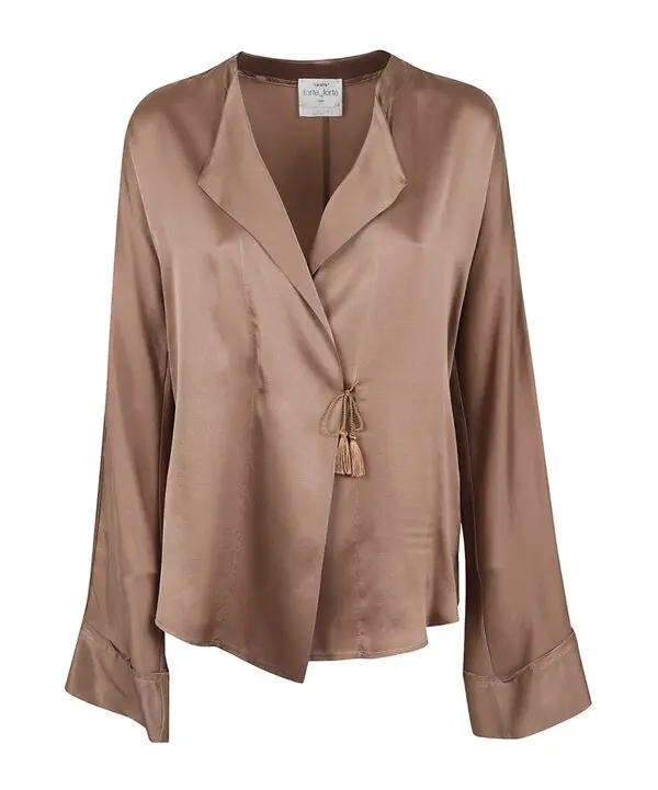 FORTE_FORTE Shiny Stretch Silk Satin Crossed Shirt - Brown