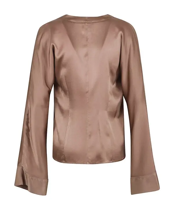 FORTE_FORTE Shiny Stretch Silk Satin Crossed Shirt - Brown
