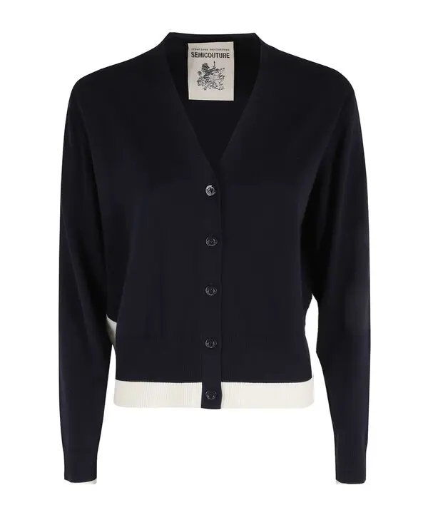 SEMICOUTURE V-neck Cardigan With Ribbed Trim - Black