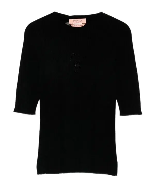TWINSET Ribbed Knit Top With Openwork Details - Black