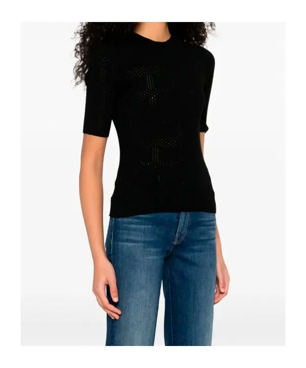 TWINSET Ribbed Knit Top With Openwork Details - Black