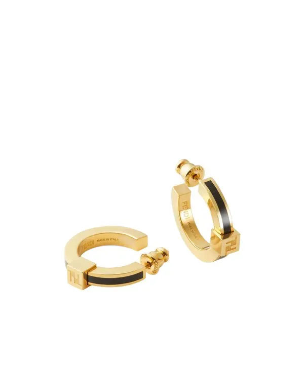 Fendi Ff Logo Hoop Earrings With Black Enamel Detail - Gold