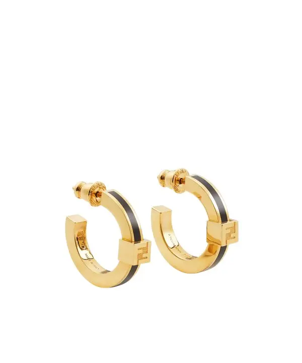 Fendi Ff Logo Hoop Earrings With Black Enamel Detail - Golden