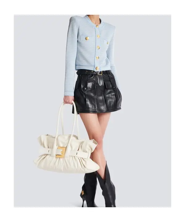 Balmain Large Calfskin Belted Tote Bag - White