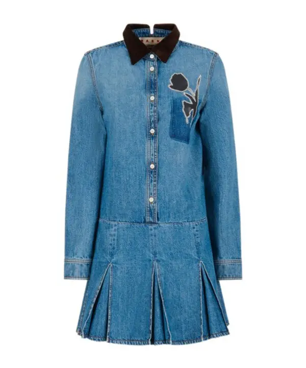 Marni Denim Mini Dress With Velvet Collar And Pleated Skirt