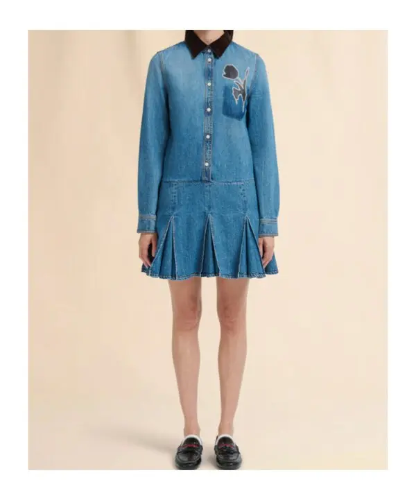Marni Denim Mini Dress With Velvet Collar And Pleated Skirt