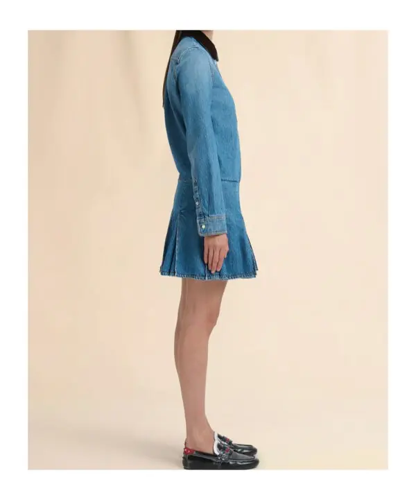 Marni Denim Mini Dress With Velvet Collar And Pleated Skirt