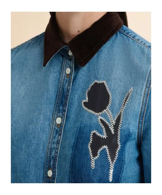 Marni Denim Mini Dress With Velvet Collar And Pleated Skirt